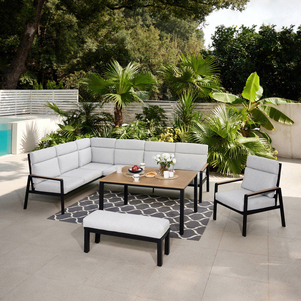 Home Detail Porto 6 Seater Black Corner Garden Sofa Set with Polywood Table Wilko