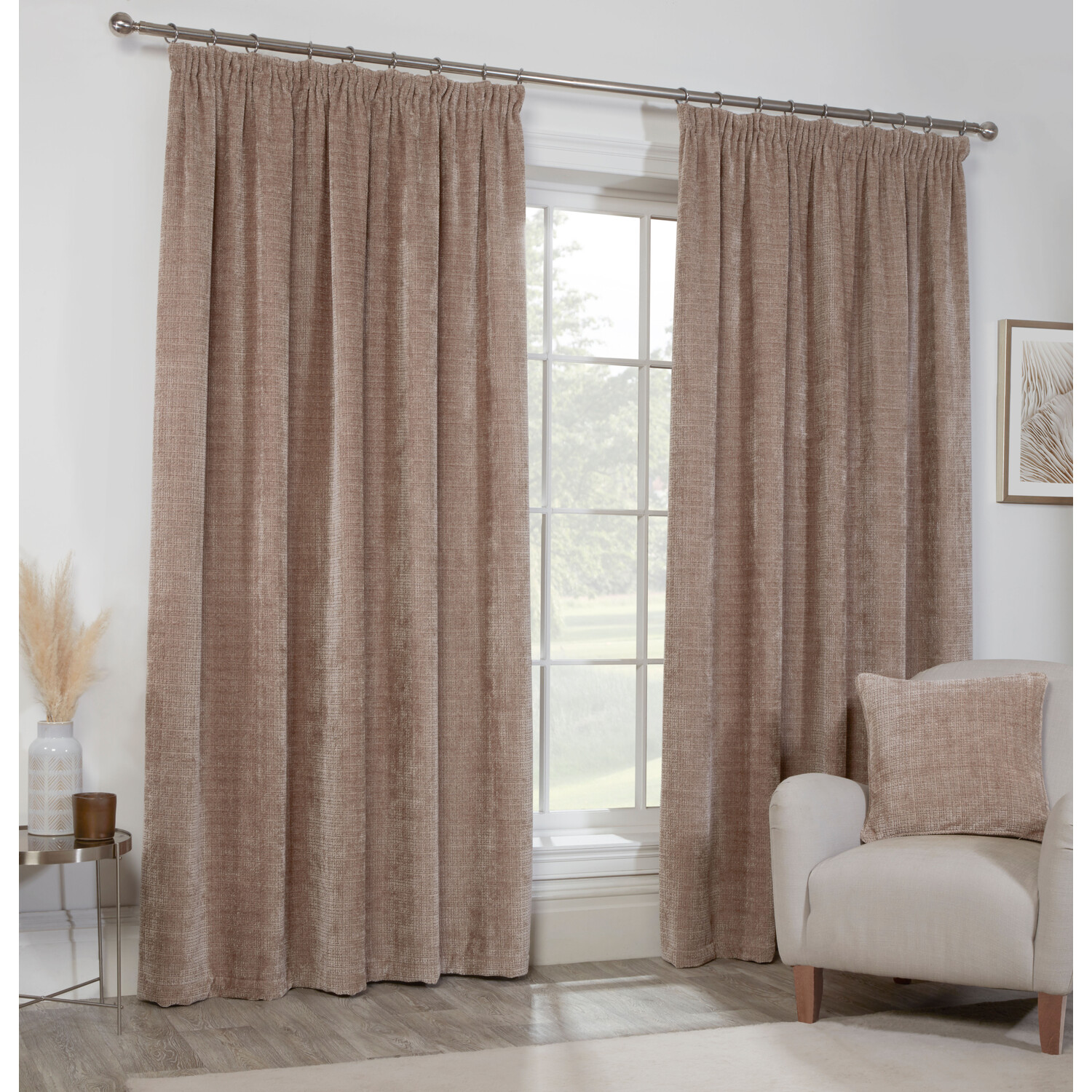 Divante Rennes Mink Chenille Taped Curtains 168 x 229cm | Wilko