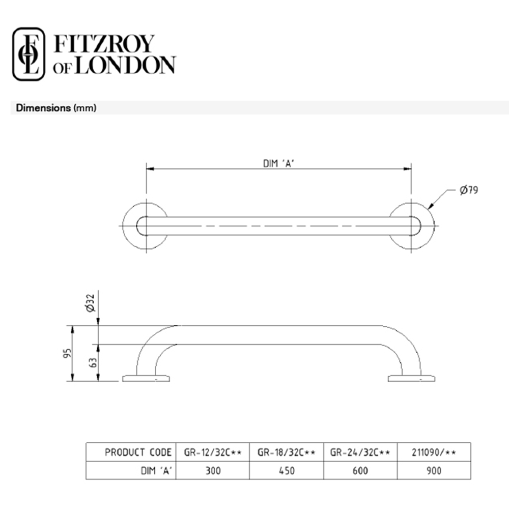 Fitzroy of London Polished Stainless Steel Concealed Fixing Grab Rail ...