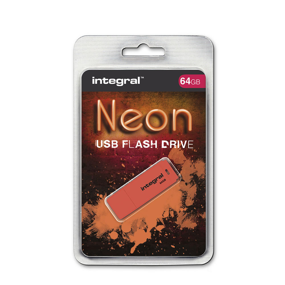 Integral Orange 64GB USB 2.0 Flash Drive Neon | Wilko