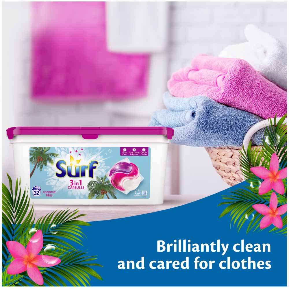 Surf 3 in 1 Coconut Bliss Laundry Washing Capsules 32 Washes | Wilko