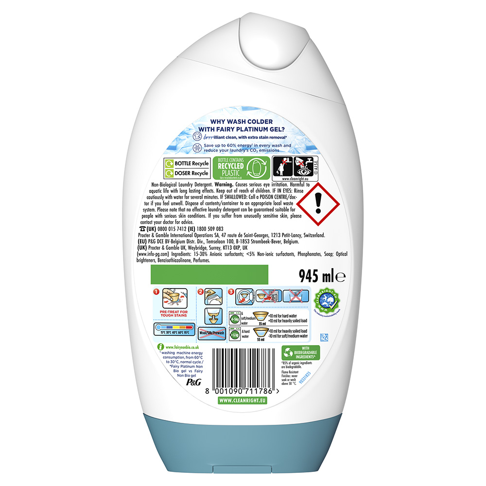 Fairy Platinum Non Bio Washing Liquid Gel 27 Washes 945ml | Wilko