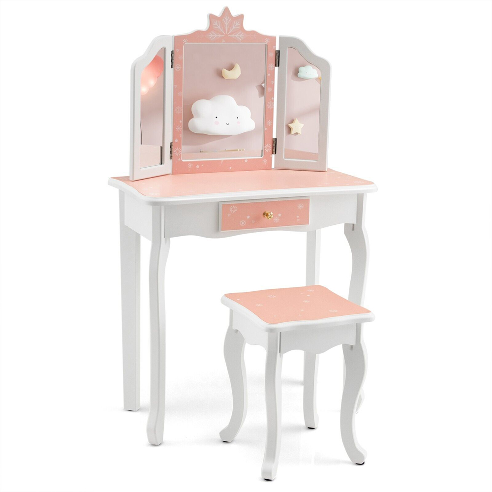 Costway Single Drawer Kids Pink Snowflake Print Vanity Table and Stool ...