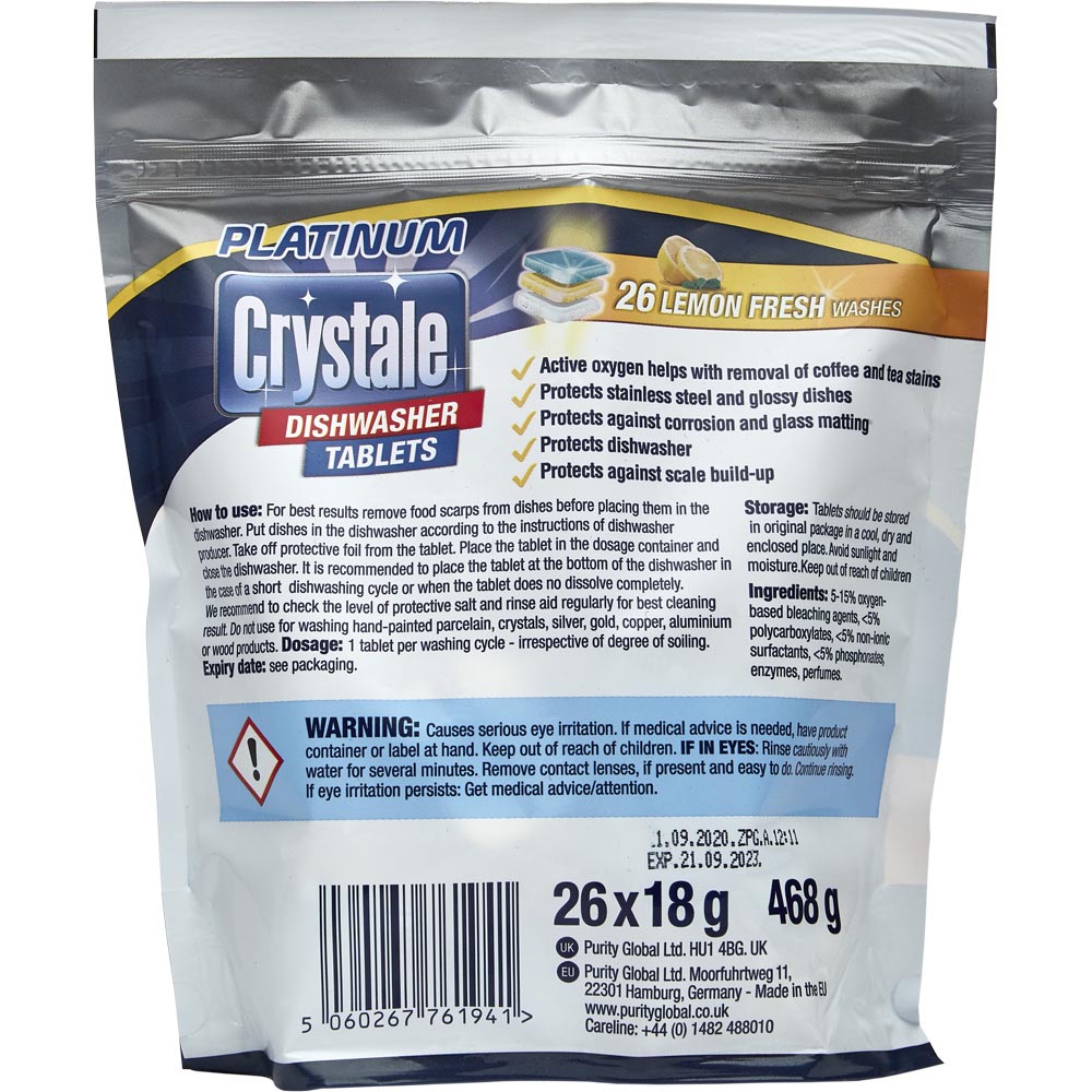 Crystale All-in-1 Platinum Lemon Fresh Dishwasher Tablets 26 Washes | Wilko