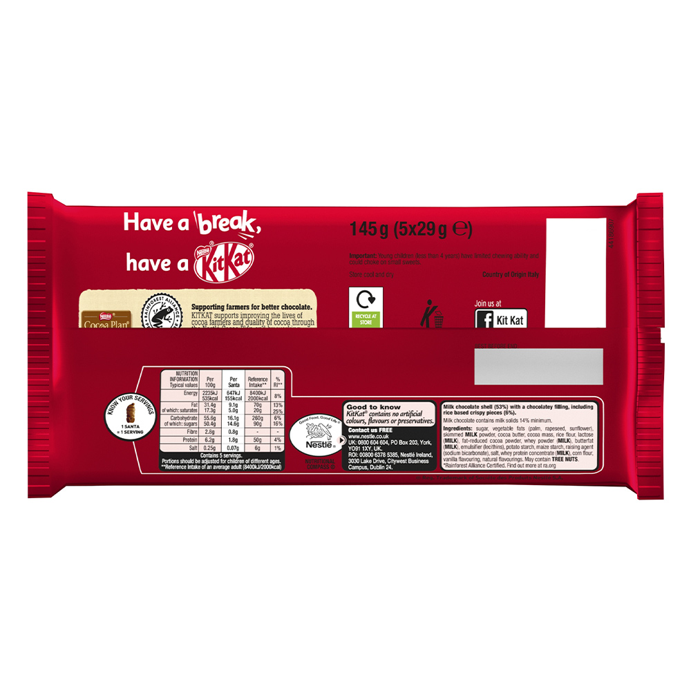 Kit Kat Milk Chocolate Santa 29g 5 Pack | Wilko