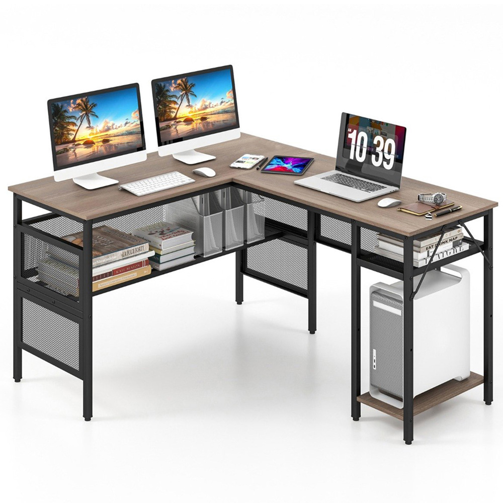 Costway 2 Shelf L Shaped Computer Desk with CPU Stand Grey | Wilko