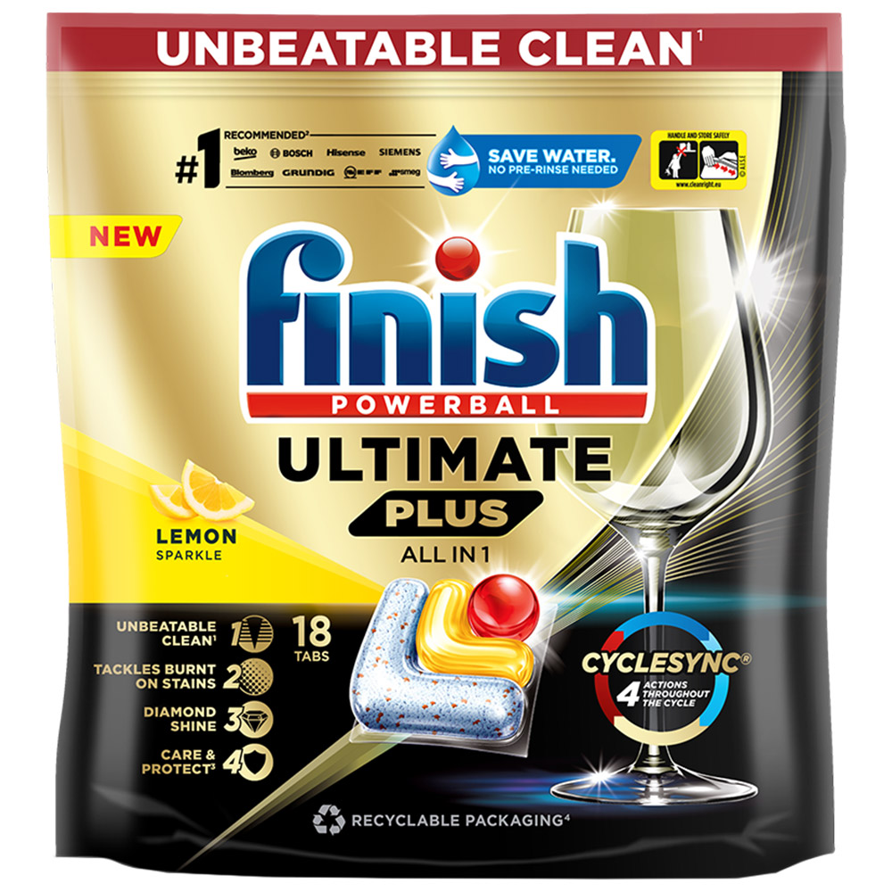 Finish Ultimate Plus All-in-One Lemon Dishwasher Tablets 18 Pack | Wilko