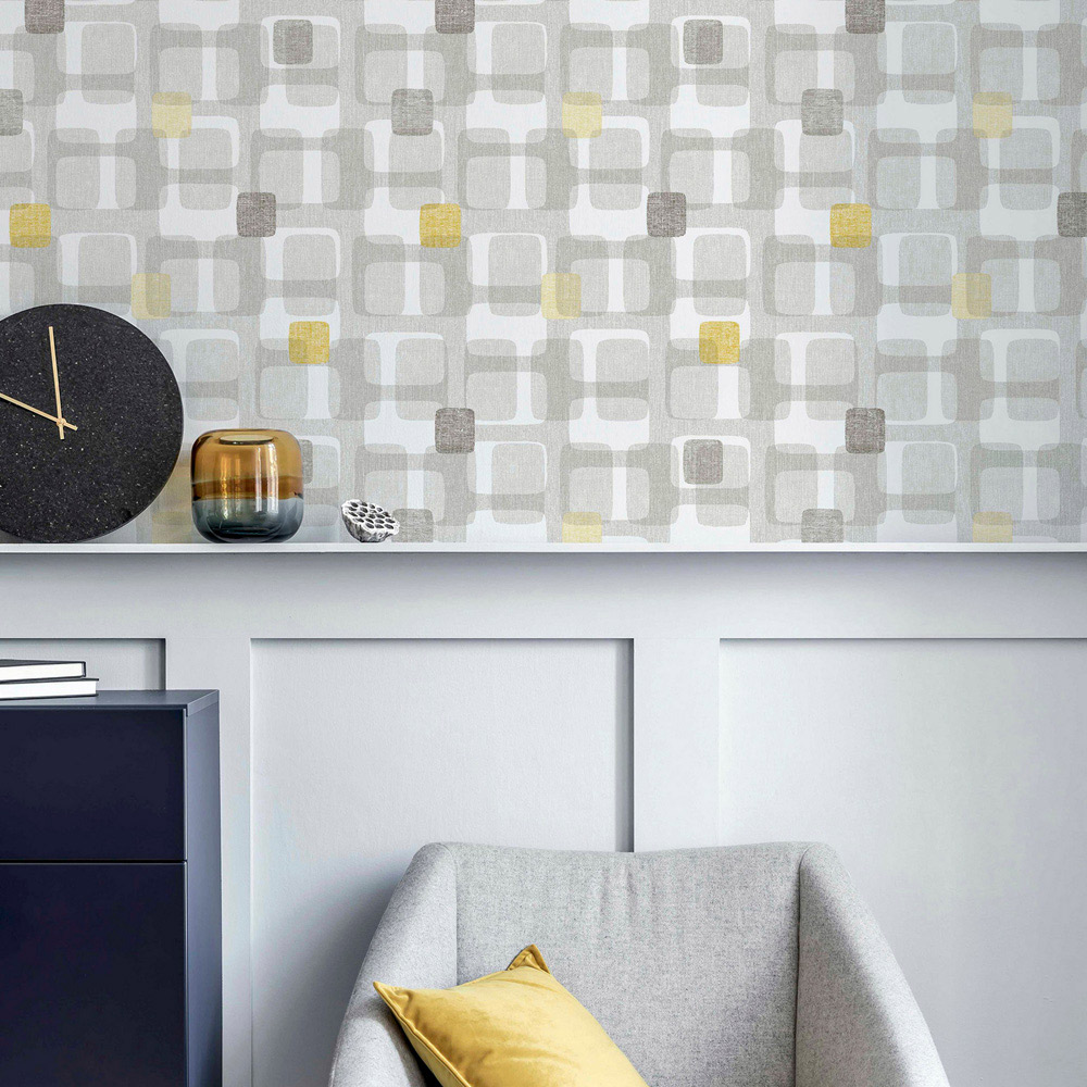 Arthouse Retro Block Ochre and Grey Wallpaper | Wilko