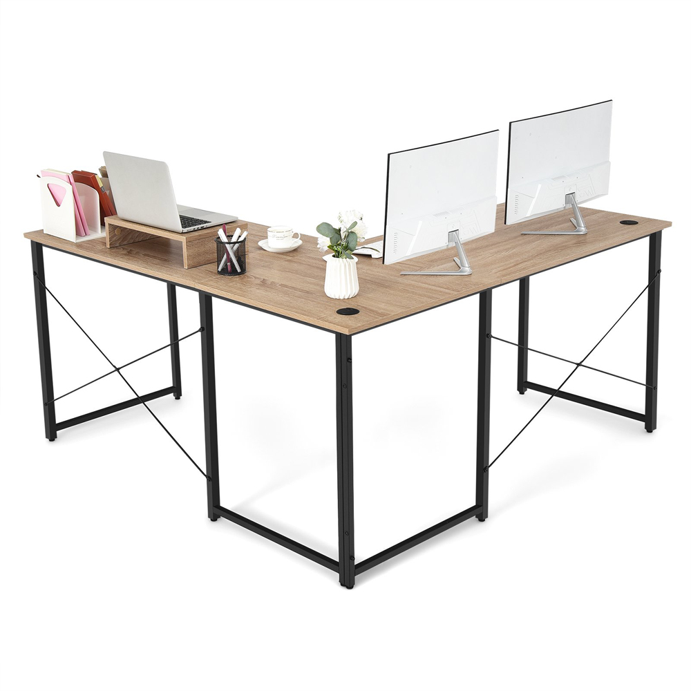 Costway Reversible Corner Study Workstation with Monitor Stand Natural ...