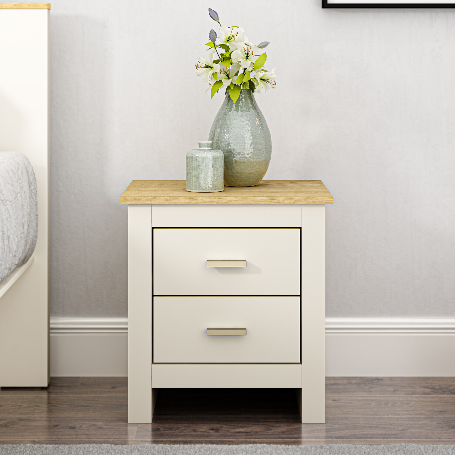 Lexington 2 Drawer Cream Gold Handled Bedside Table Wilko