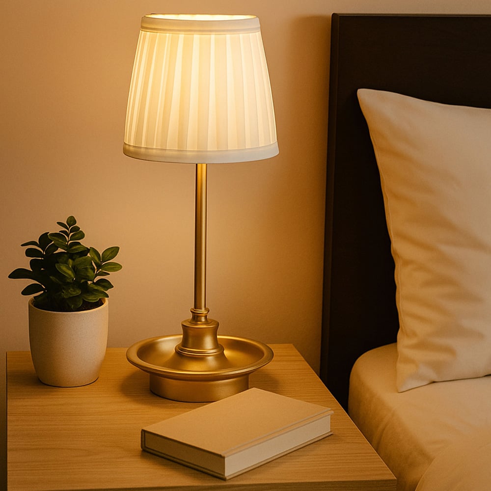 Lighting Collection Pleated Fabric Shade Gold Rechargeable LED Table ...