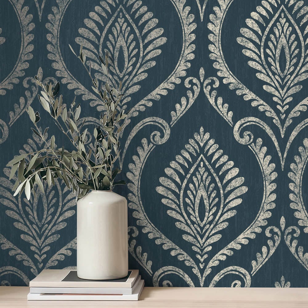 Fine Decor Estelle Damask Navy Wallpaper | Wilko Fine Decor Estelle Damask Navy Wallpaper | Wilko