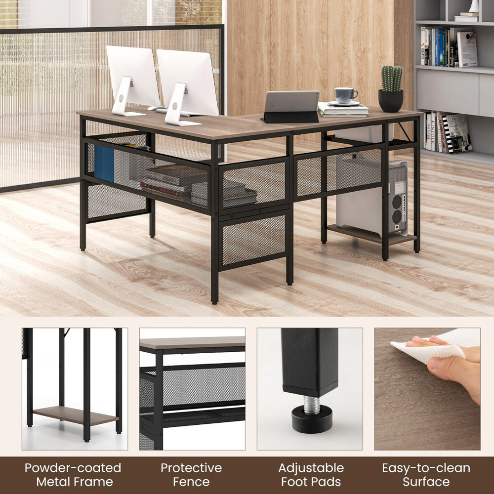 Costway 2 Shelf L Shaped Computer Desk with CPU Stand Grey | Wilko