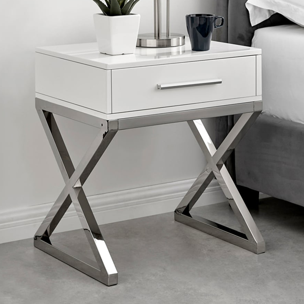 Furniturebox Witney Single Drawer White and Chrome Bedside Table Wilko