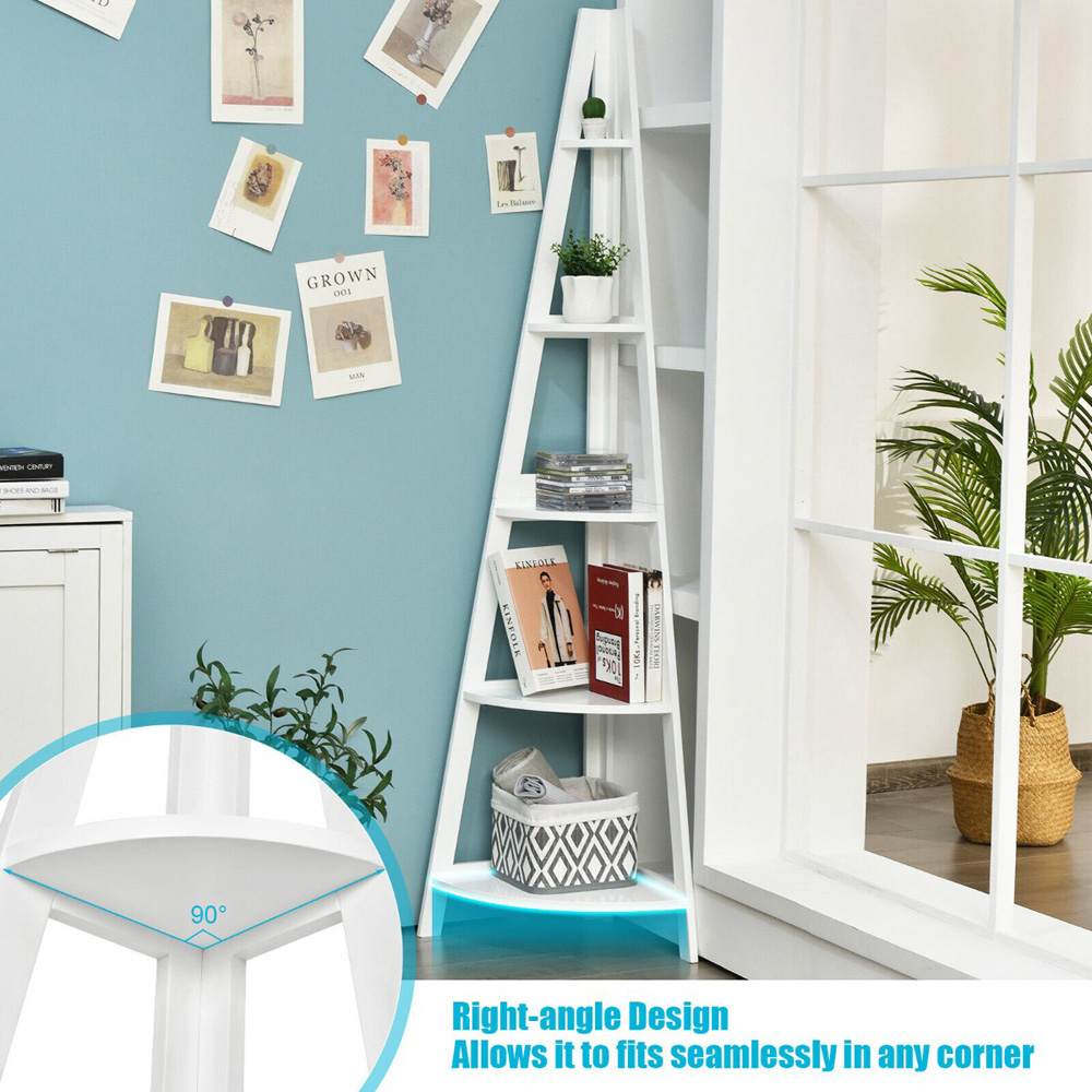 Costway 5 Shelf White Corner Ladder Bookshelf | Wilko