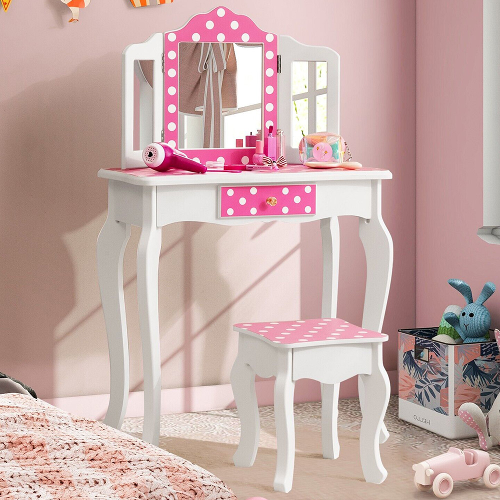 Costway Single Drawer Kids Pink Polka Dot Print Vanity Table and Stool ...