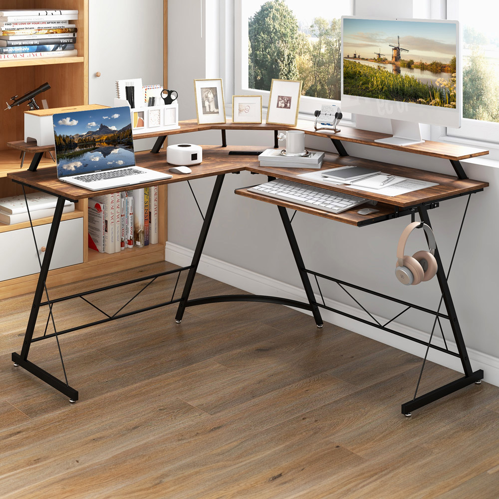 Costway 2 Shelf L Shaped Computer Desk with Power Outlet Rustic Brown