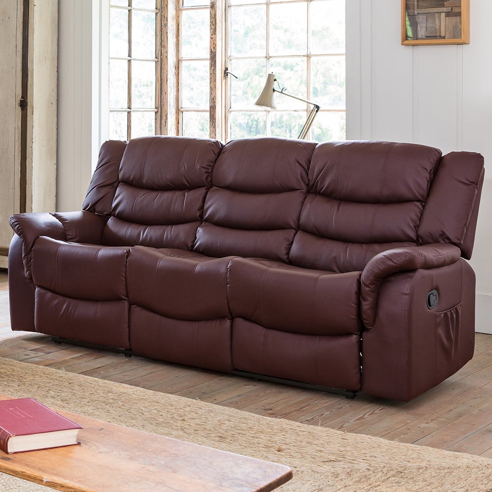 Almeira 3 Seater Burgundy Bonded Leather Massage and Heat Manual Recliner Sofa