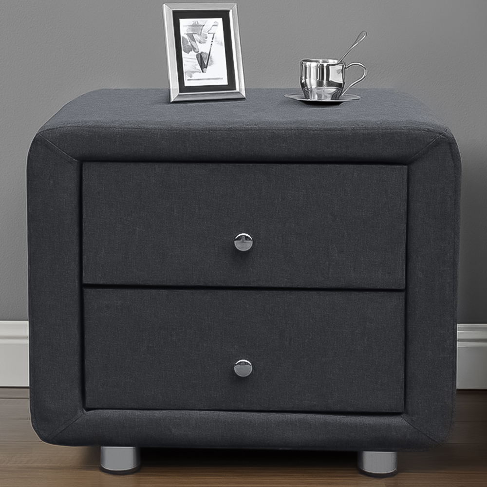 Brooklyn 2 Drawer Grey and Chrome Linen Fabric Bedside Table | Wilko