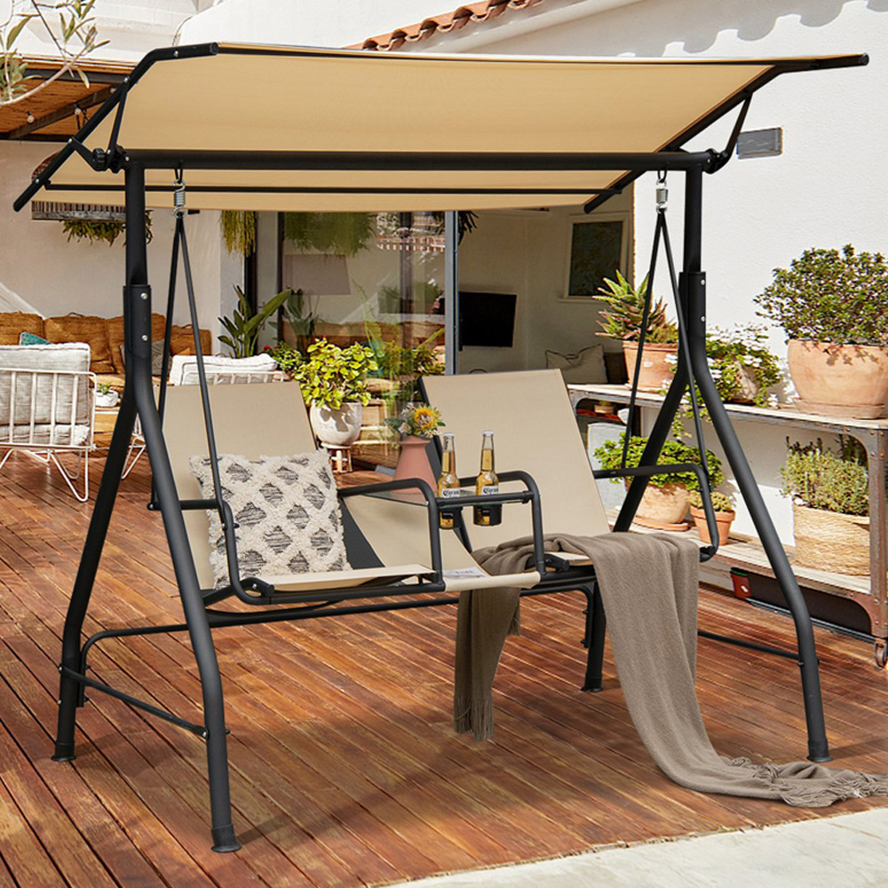 Costway 2 Seater Beige Adjustable Canopy Patio Swing