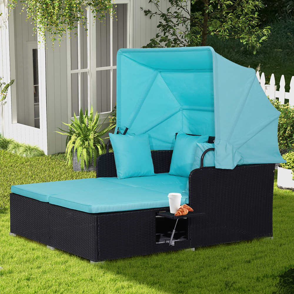 Costway Double Sleeper Turquoise Rattan Daybed with Retractable Canopy ...