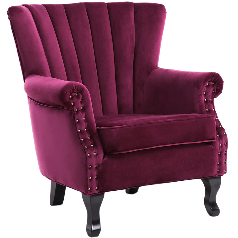 Living and Home Vintage Wine Red Velvet Wingback Armchair with Studs ...