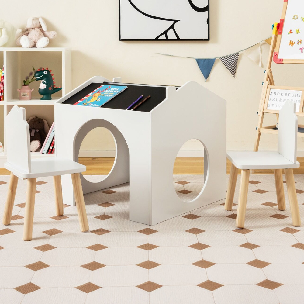 Costway 2 Seater Kids White Table and Chair Set with Chalkboard