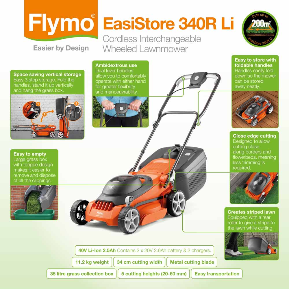 Flymo EasiStore 340R Li Cordless Lawn Mower | Wilko