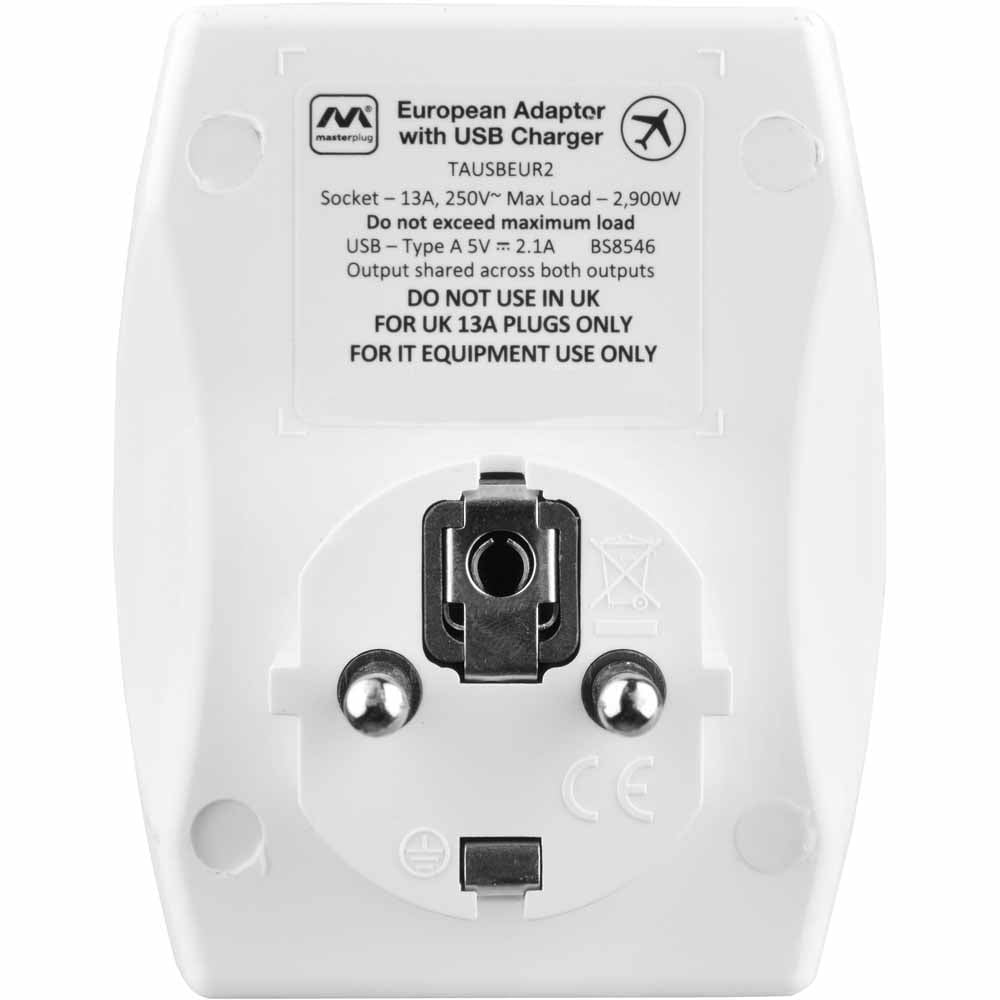 Masterplug 13A UK to EU Travel Adaptor with 2 USB Charging Ports | Wilko