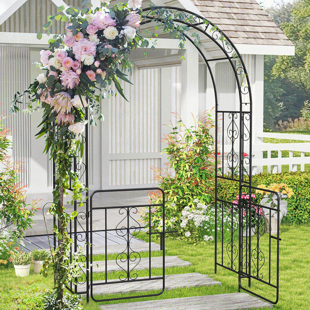 Costway Black Garden Arbor with Gate and Multiple Side Crossbars | Wilko