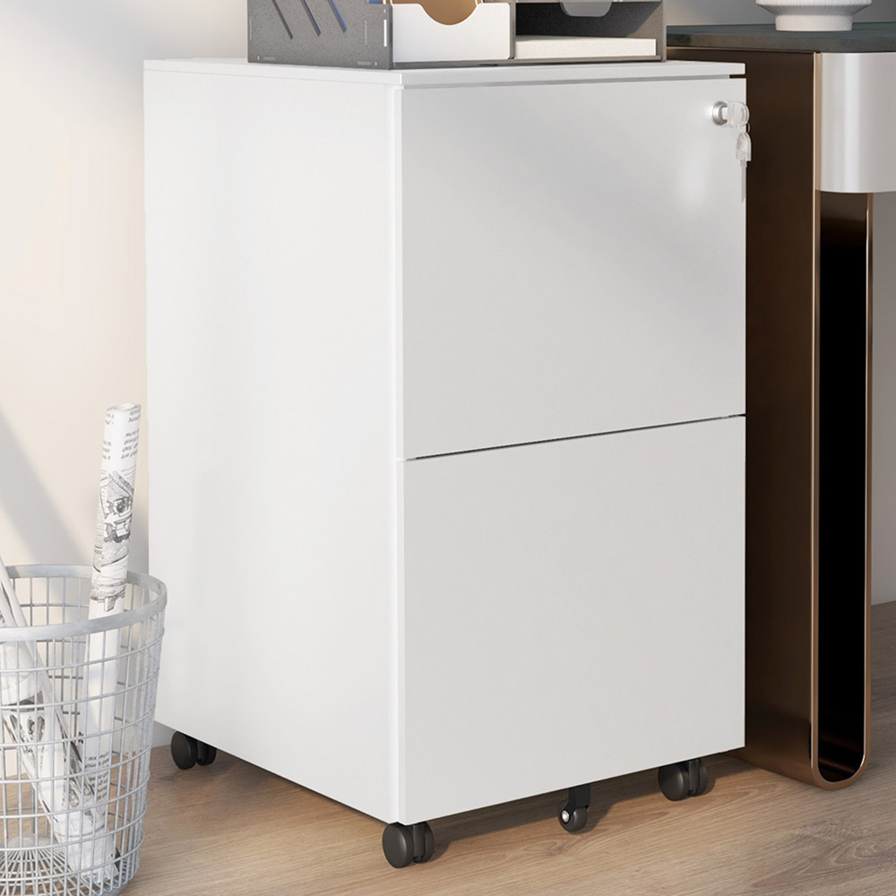 Portland 2 Drawer White Vertical Mobile Filing Cabinet with Lock | Wilko