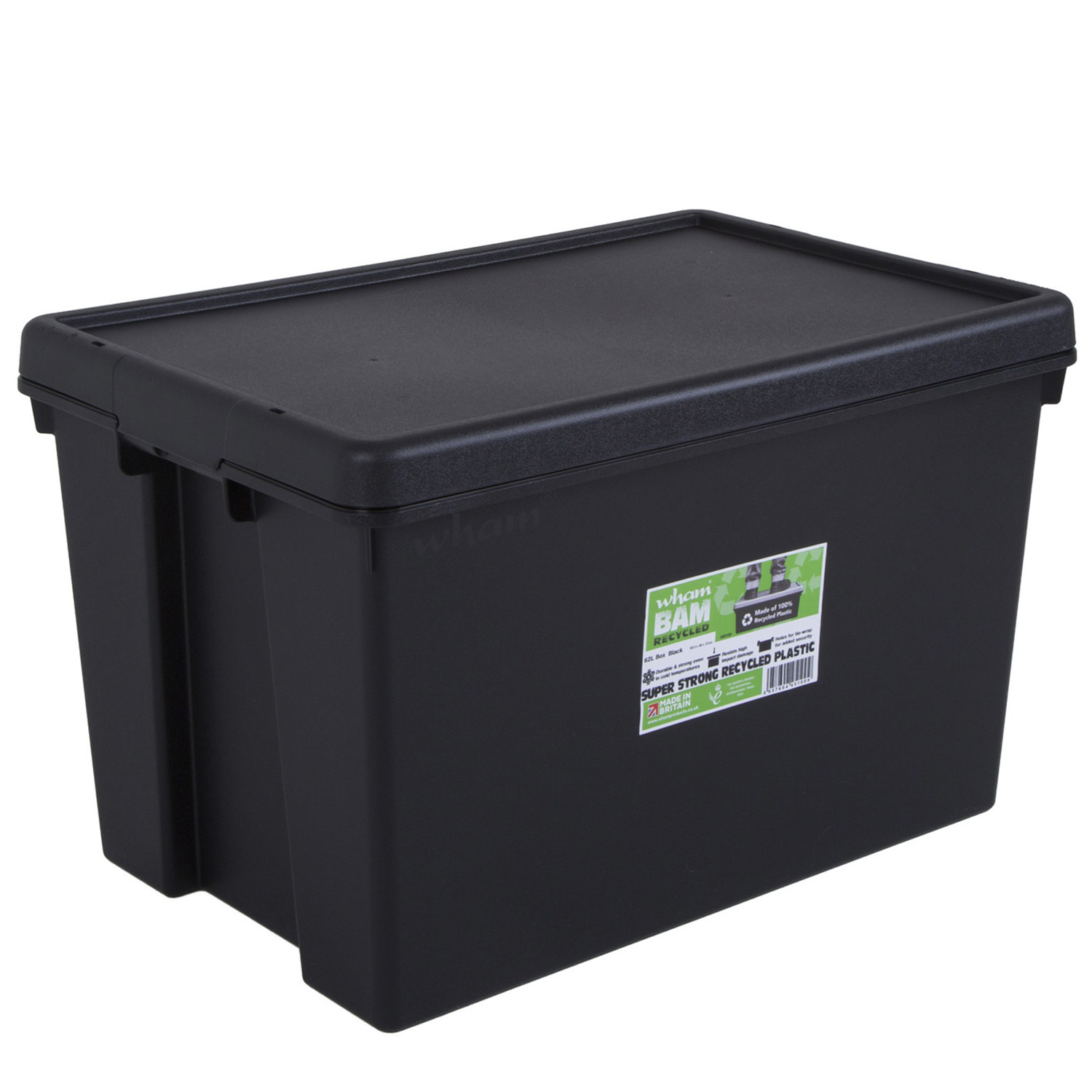 Wham 62L Black Recycled Bam Storage Box with Lid | Wilko