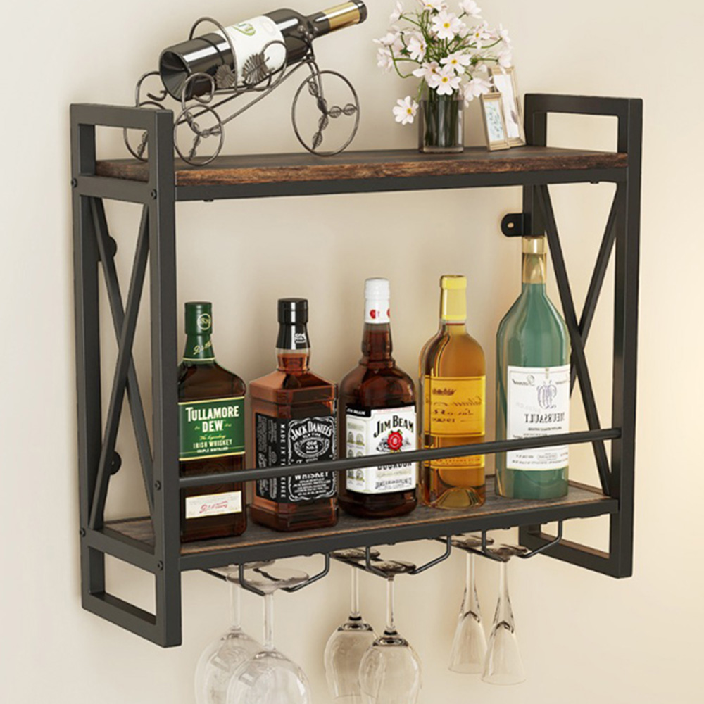 Costway 2 Shelf Wall Mounted Metal Wine Rack with 3 Glass Holders | Wilko