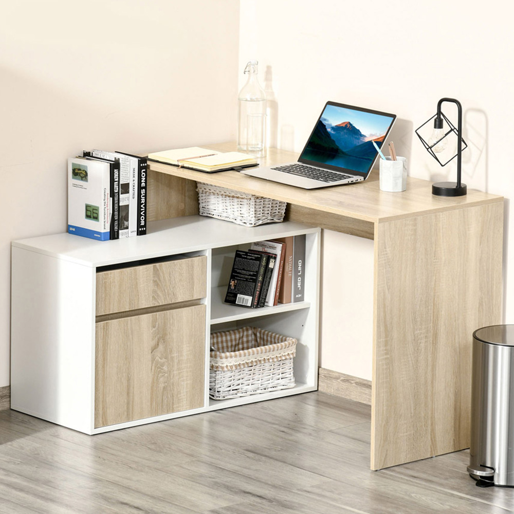 Portland L-Shaped Corner Computer Desk Oak and White | Wilko