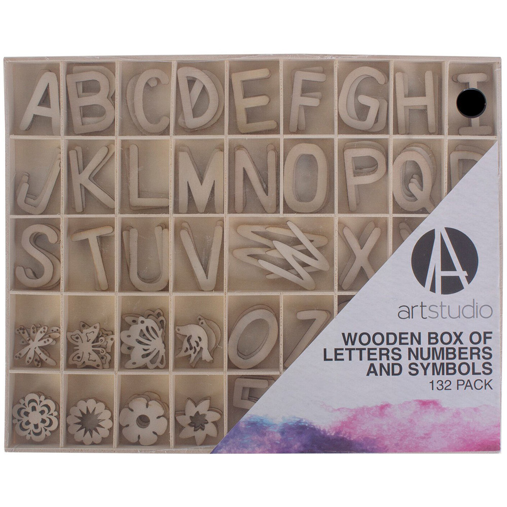 Art Studio Wooden Box With Letters Numbers And Symbols | Wilko