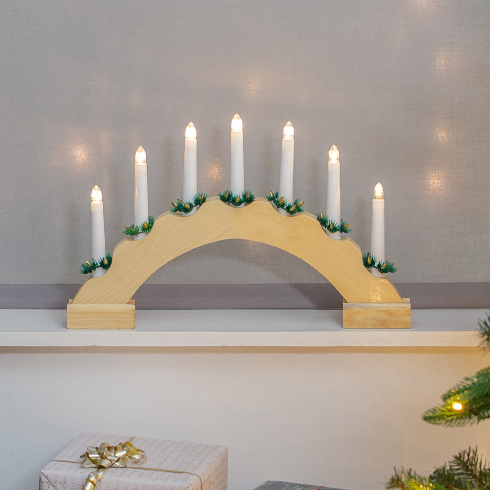 The Christmas Workshop 7 LED Arched Wooden Candle Bridge Light | Wilko