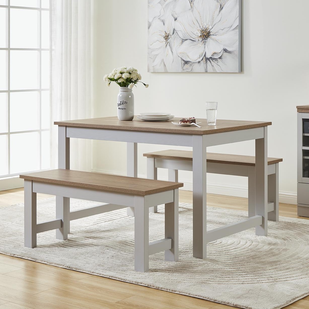 Cambridge Wooden 4 Seater Dining Bench Set Oak Effect and Light Grey ...