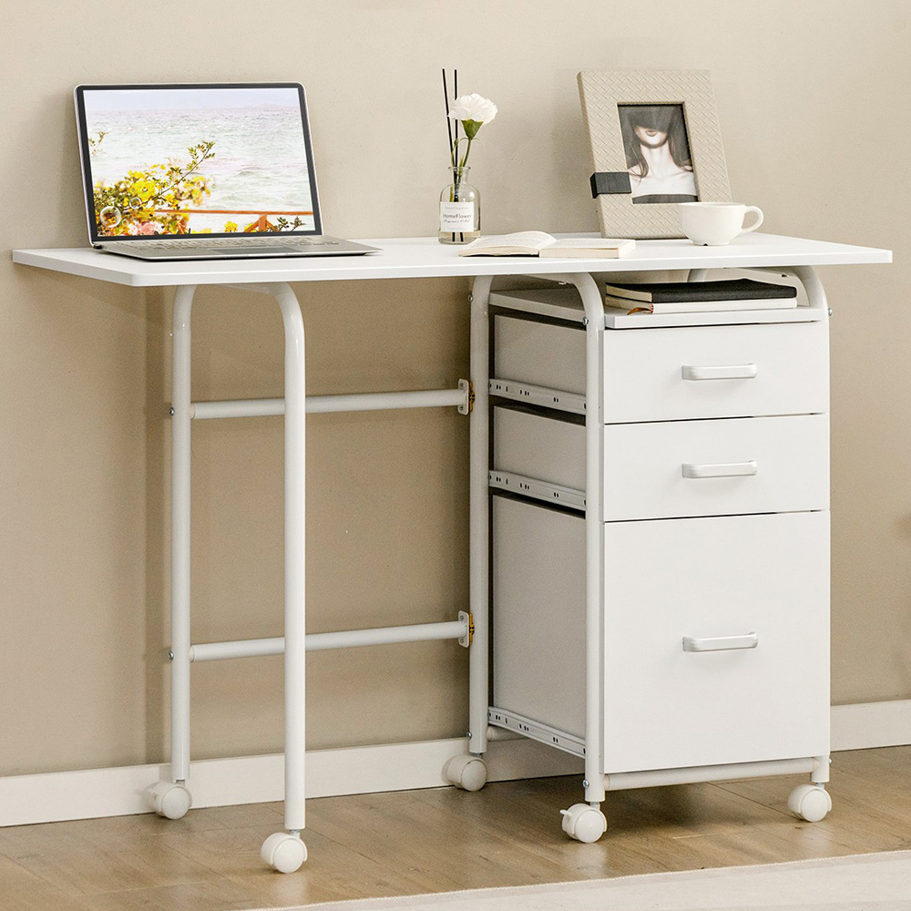 Costway White 3 Drawers Folding Computer Desk with Rolling Wheels | Wilko