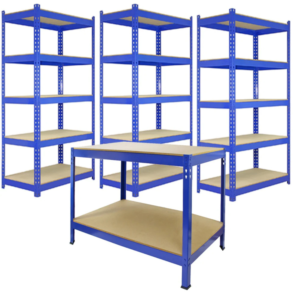 Monster Shop Q-Rax Blue Metal Racking Units and Workbench 90cm 3 Pack ...