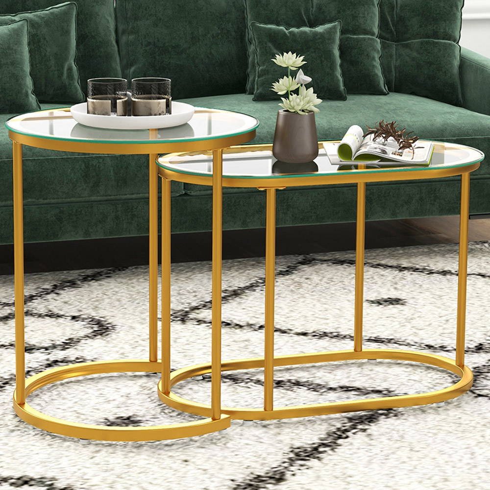 Costway Golden Tempered Glass Nest of Table Set of 2 | Wilko
