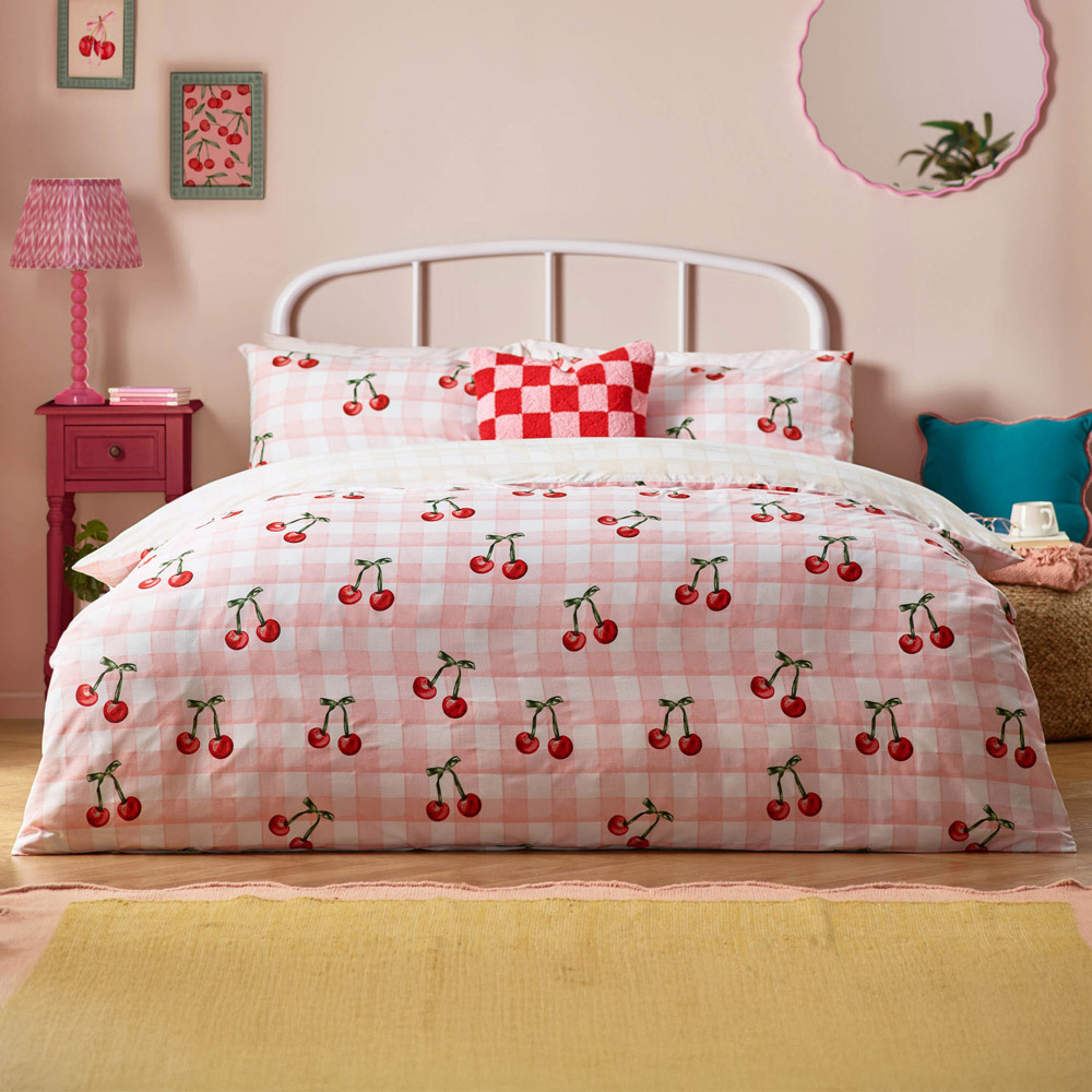 Heya Home Double Pink Cherry Gingham Printed Duvet Set | Wilko