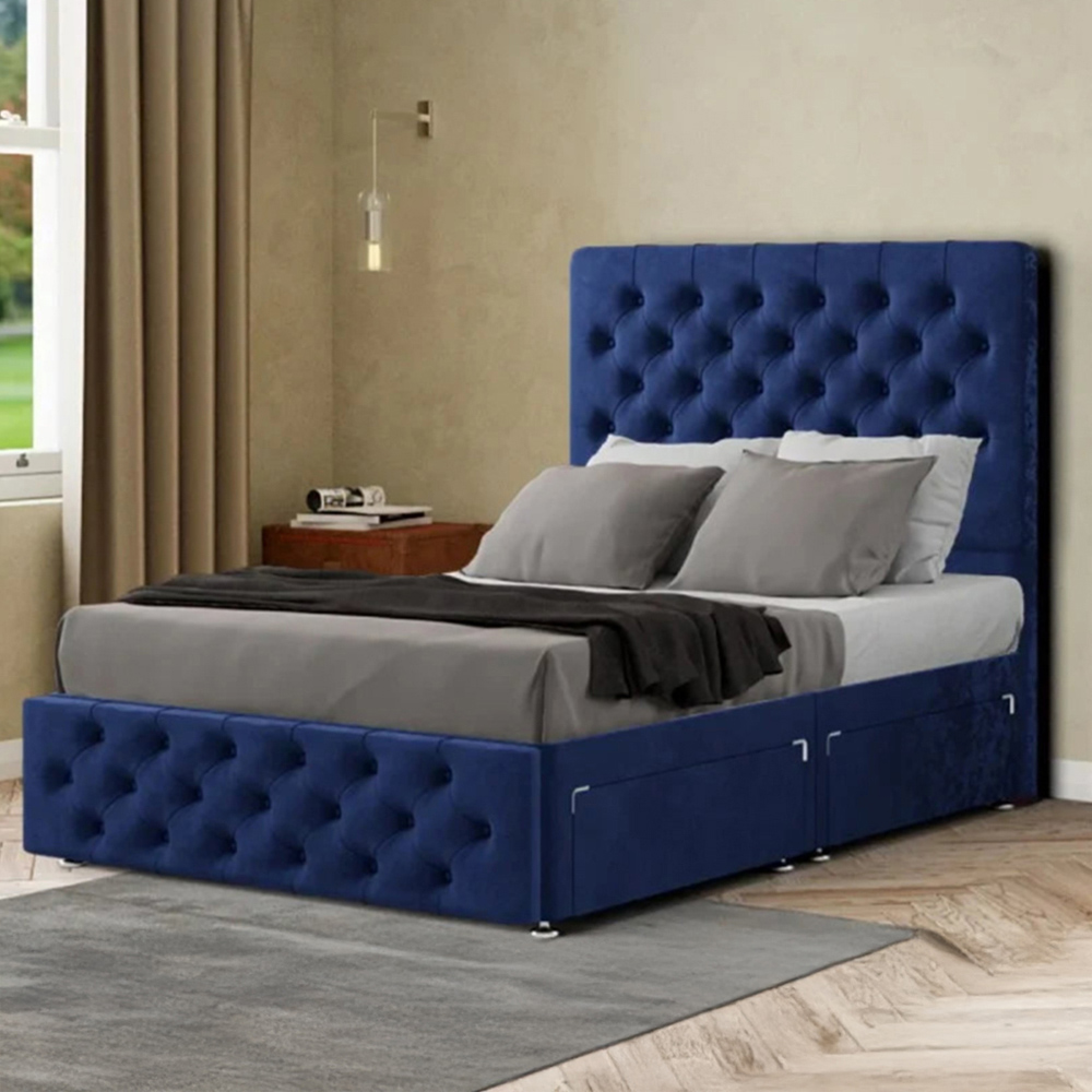 Portland Mary Chesterfield Small Double Blue Divan Bed with 2 Drawer ...
