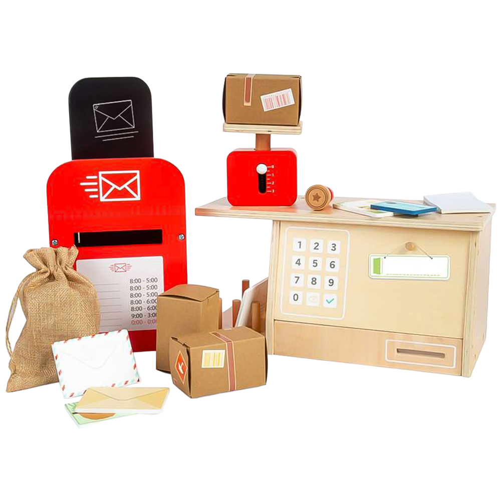 Bigjigs Toys Kids 20 Piece Wooden Post Office Playset | Wilko