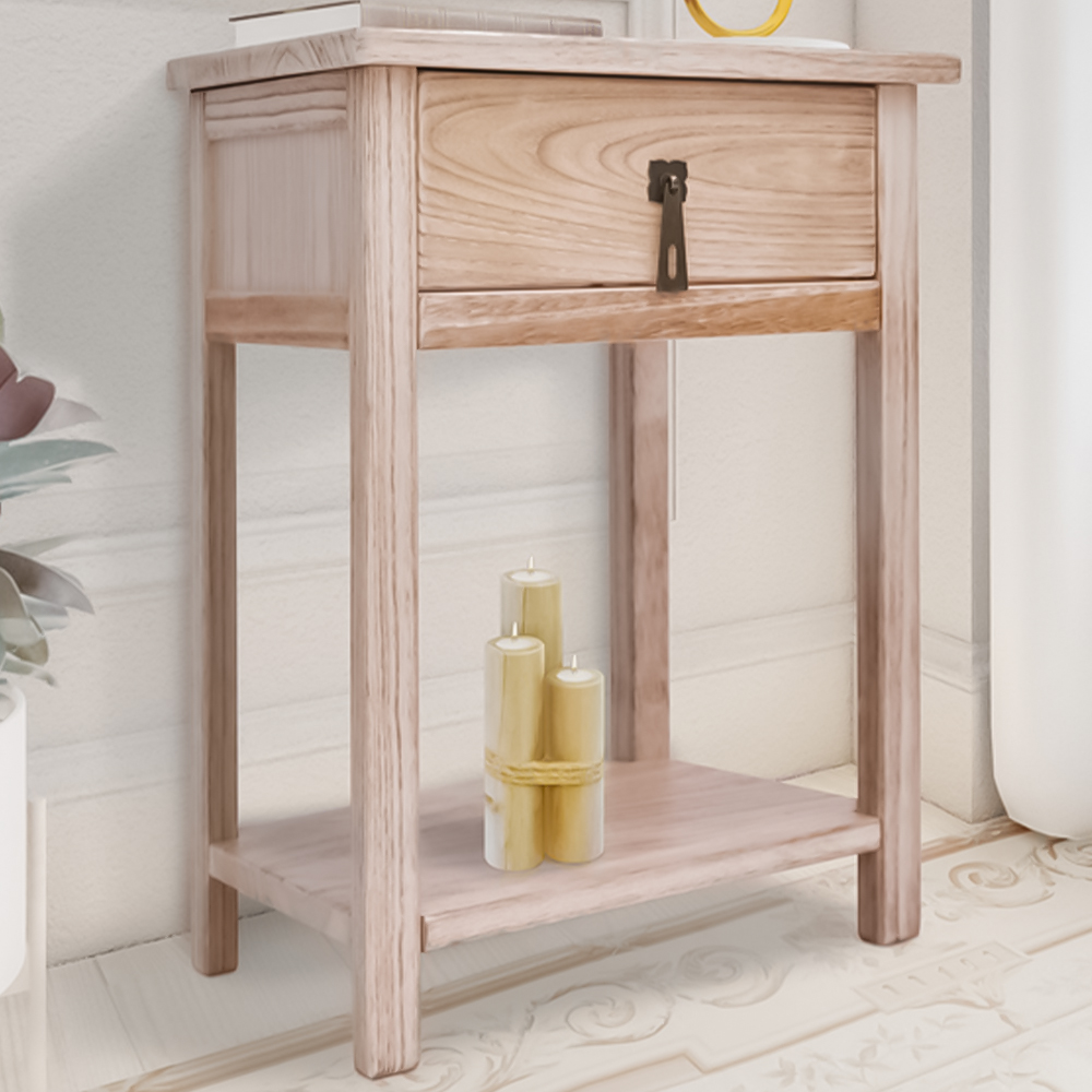 Portofino Single Drawer Light Wood Bedside Table with Drop Handle | Wilko
